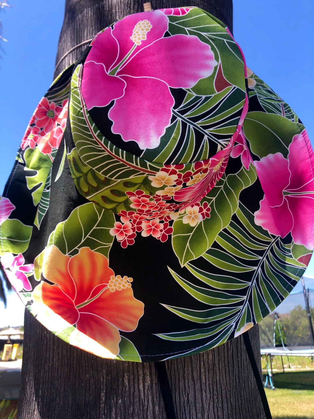 Black Floral Sunhat With Ties, Vibrant Pink Flowers Wide Brim Sun Hat ...