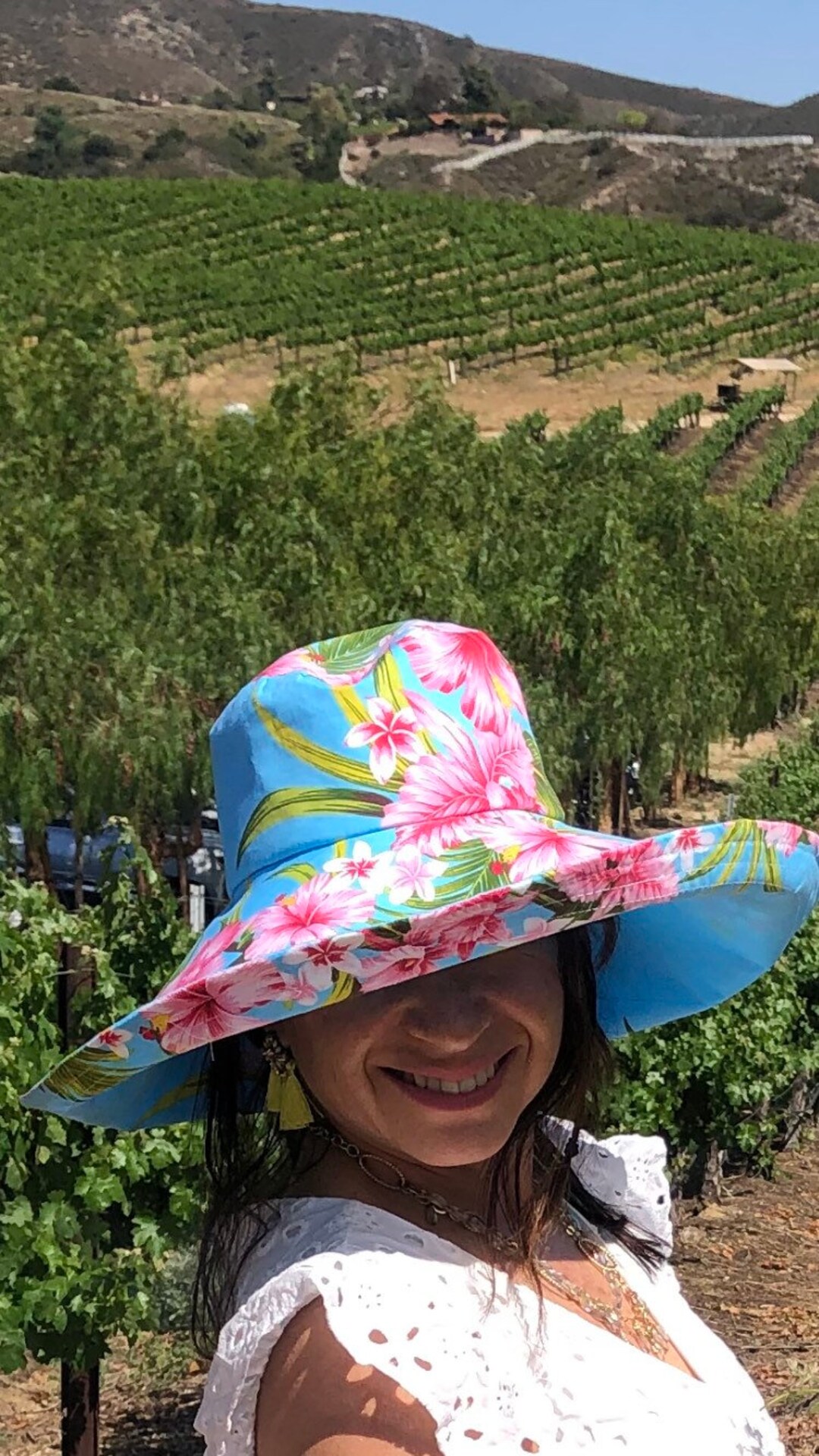 Summer Hat, Pink Floral Print in Sky Blue, Big Beach Hat, Foldable Hat ...