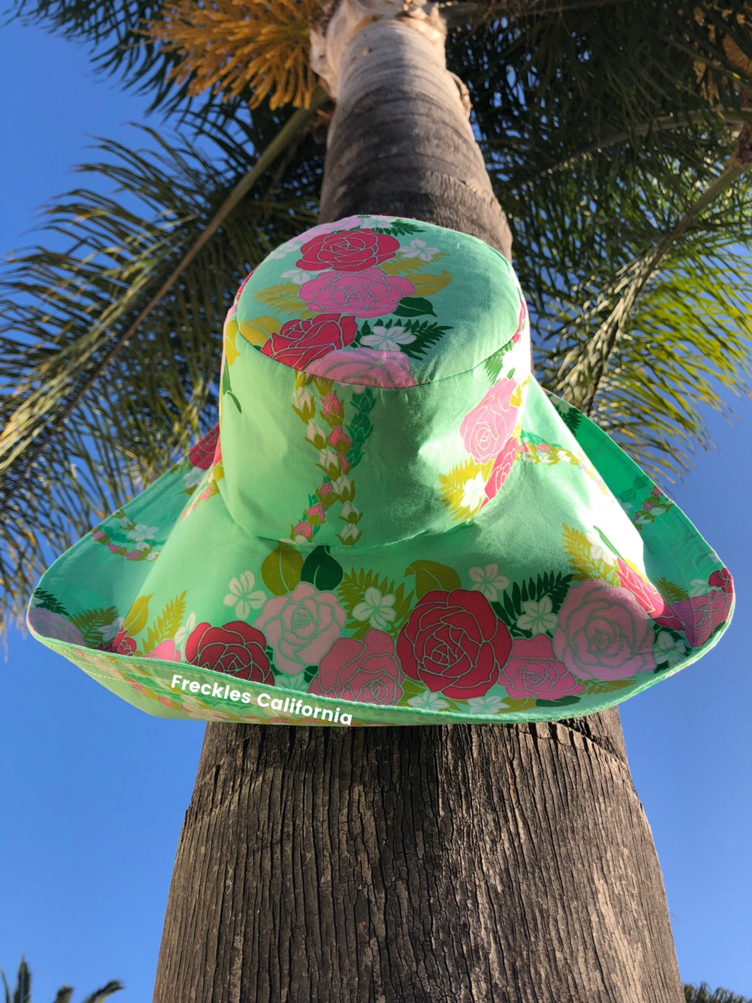 Pastel Mint Green Sun Hat With Pink Floral Print, Packable, Vacation ...