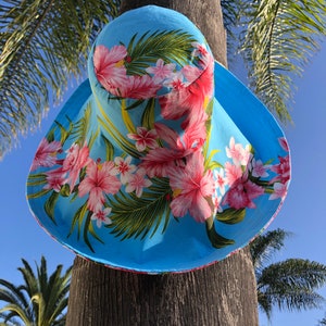 Summer Hat, Pink Floral Print in Sky Blue, Big Beach Hat, Foldable Hat ...