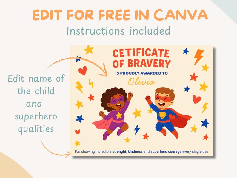 Editable Certificate of Bravery for Kids Printable Award for Illness ...
