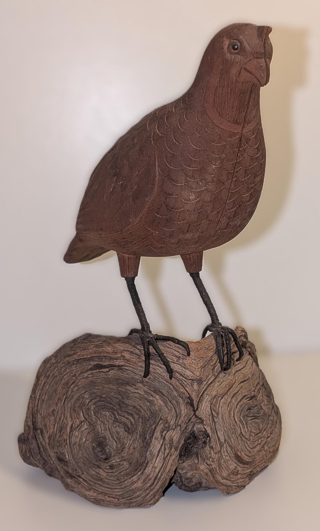 Handcrafted Wooden Quail Figurine Driftwood Base Metal Legs Vintage ...