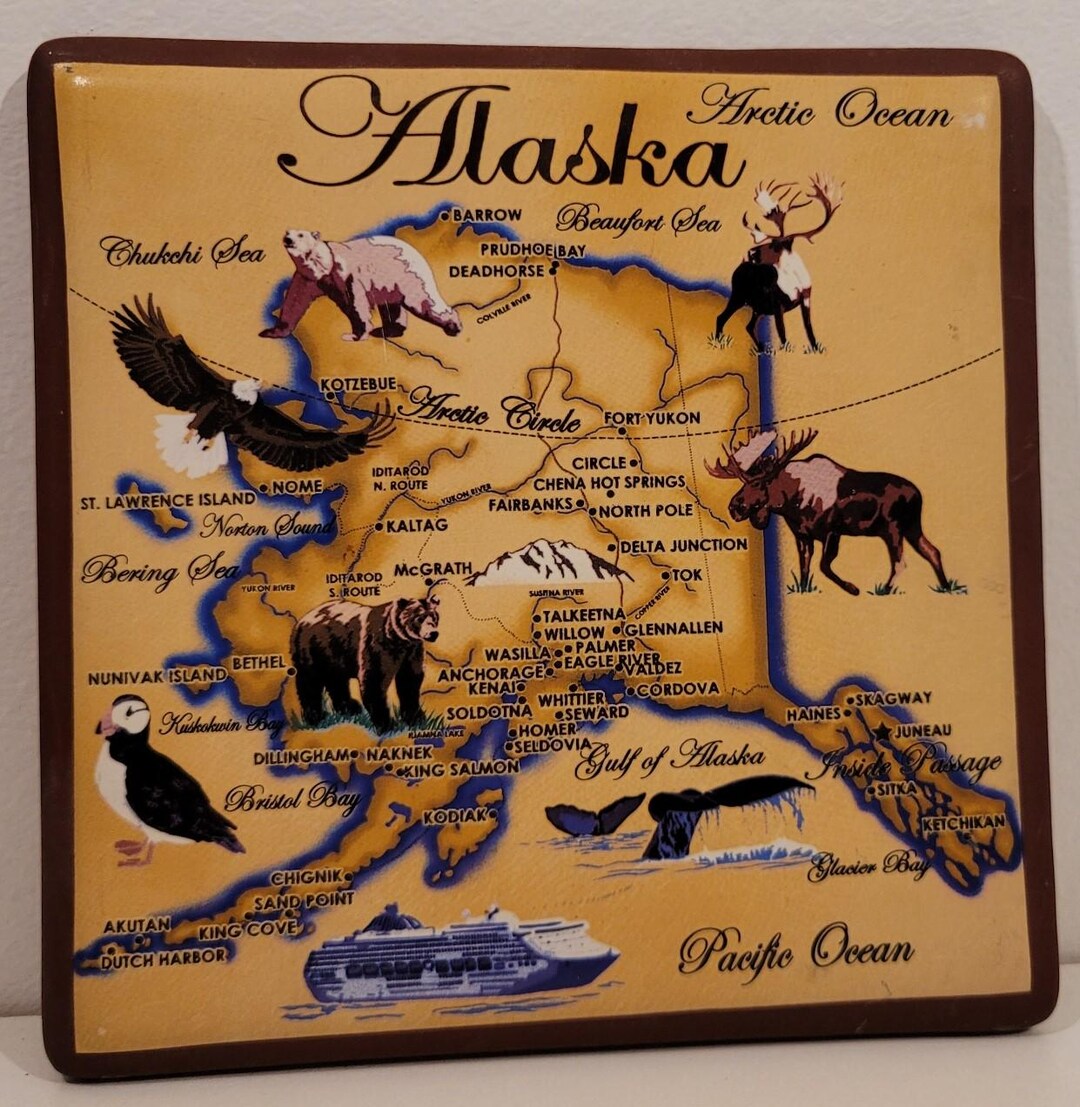 Alaska State Map Trivet: Wildlife & Landmarks Decorative Tile - Etsy