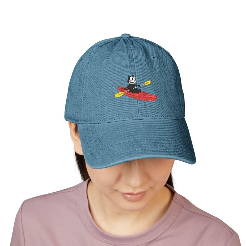 Embroidered Denim Cap, Felix the Cat Kayaking Hat, Vintage Denim ...