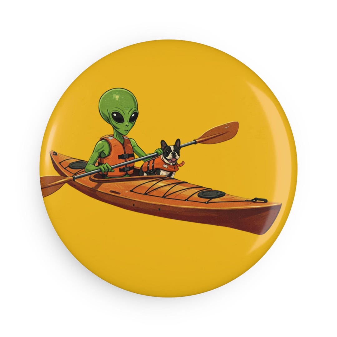 Button Magnet, Alien & French Bulldog Sea Kayaking, Round, Fridge Decor ...
