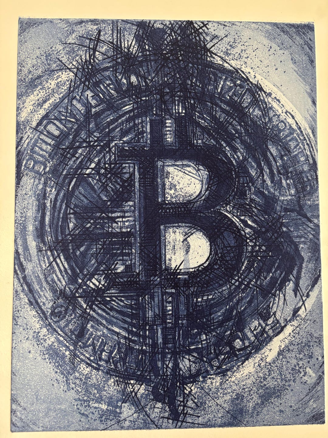 Bitcoin Symbol – Handmade Etching Print – Blue Abstract Crypto Art - Etsy
