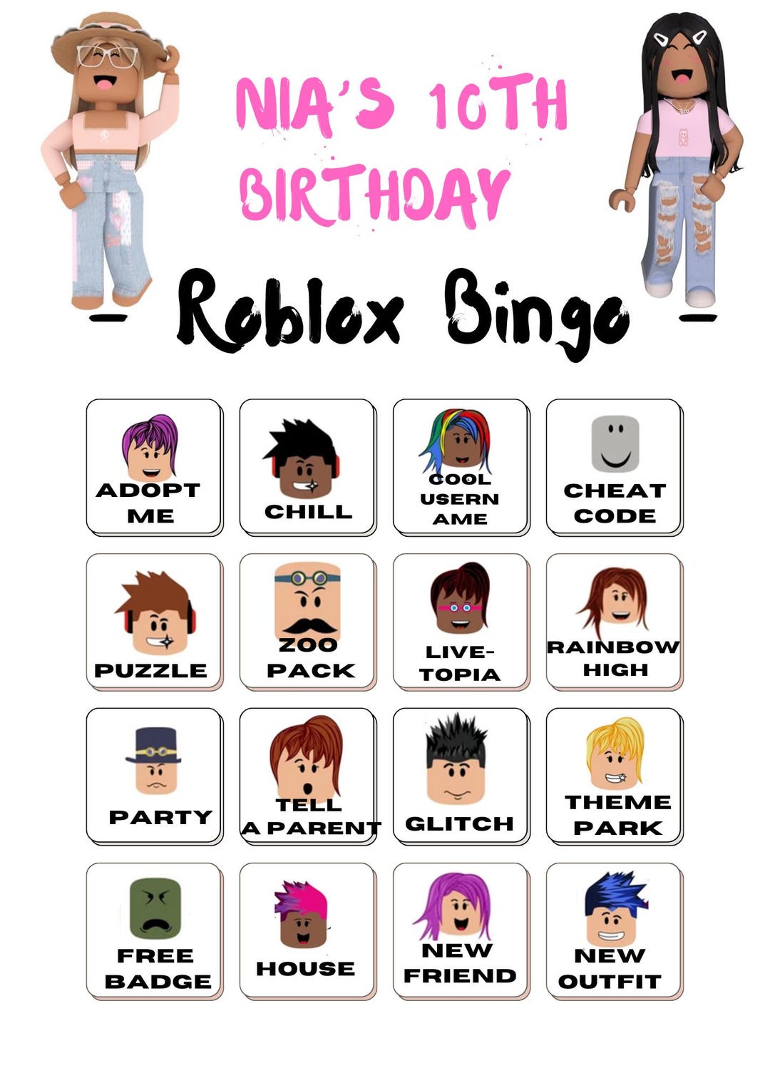 Roblox Bingo Card - Etsy