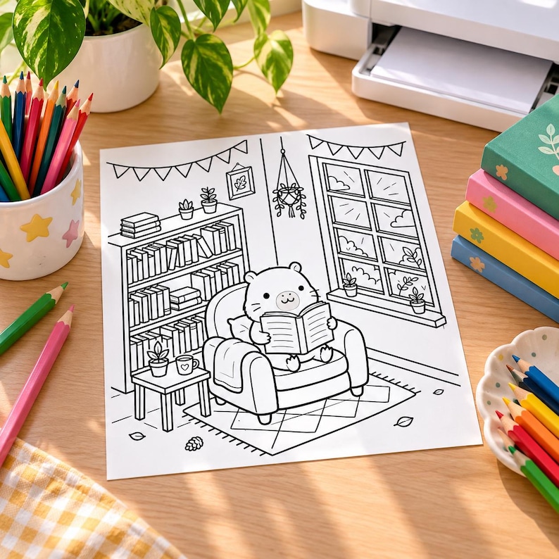 Capybara Library Classroom Coloring Book, 40 Cozy School & Reading ...