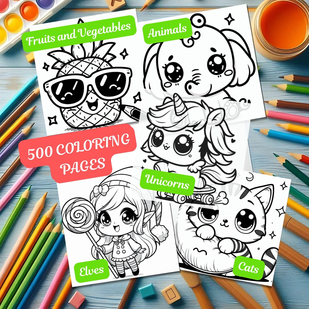 Bundle 500 Kawaii Coloring Pages |animals, Fruits and Vegetables, Elves ...