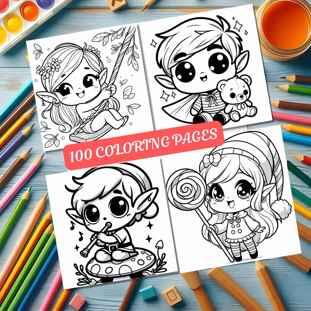 Kawaii Elf Elves Coloring Pages | 100 Pages | Cute and Easy Kawaii ...