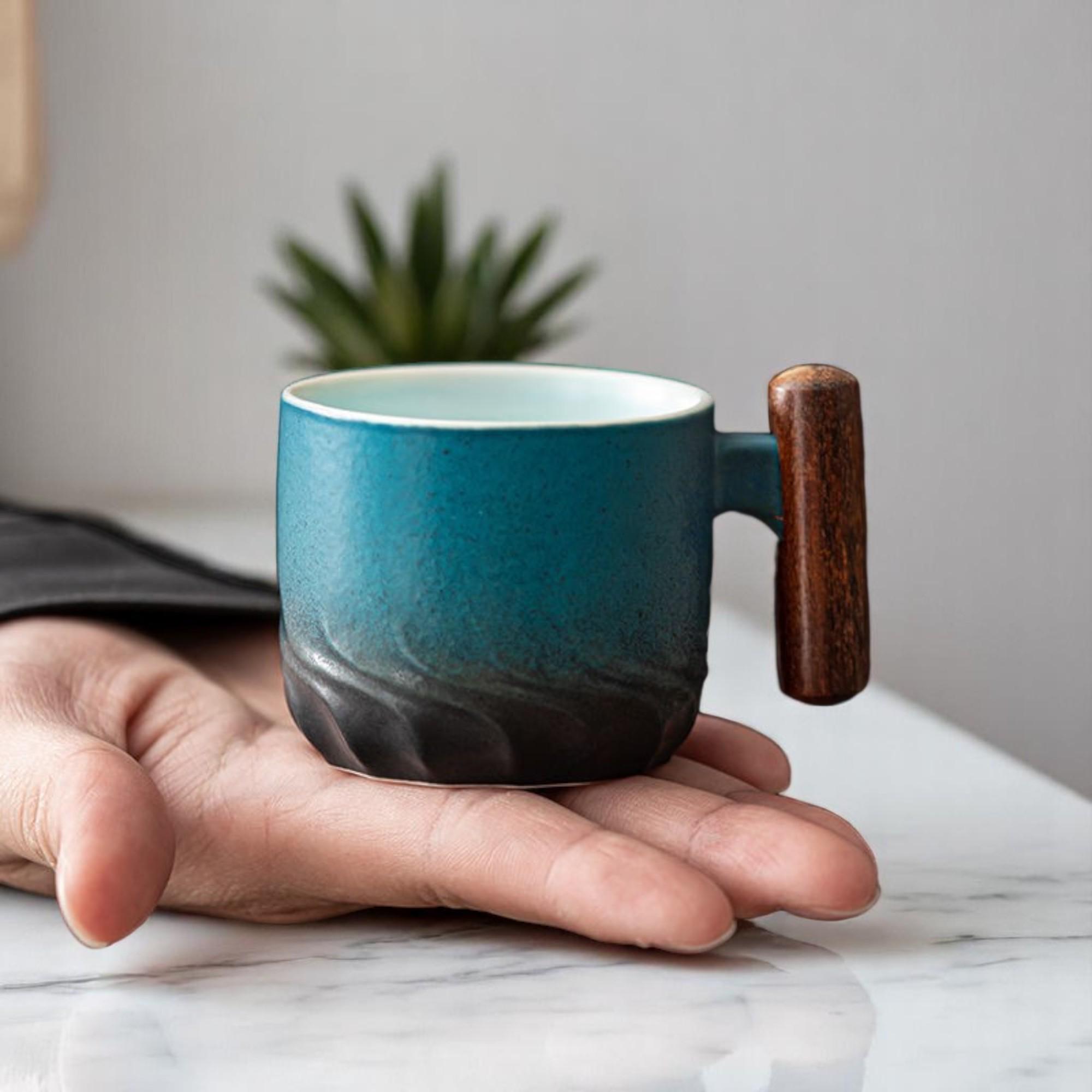 Japanese Ceramic Coffee Mug With Wooden Handle – Minimalist Handmade ...