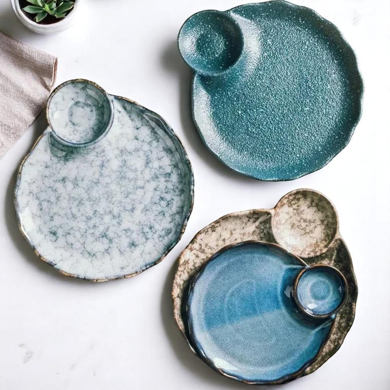 Handmade Japanese Ceramic Dinner Plates With Sauce Dish | Wabi-sabi ...