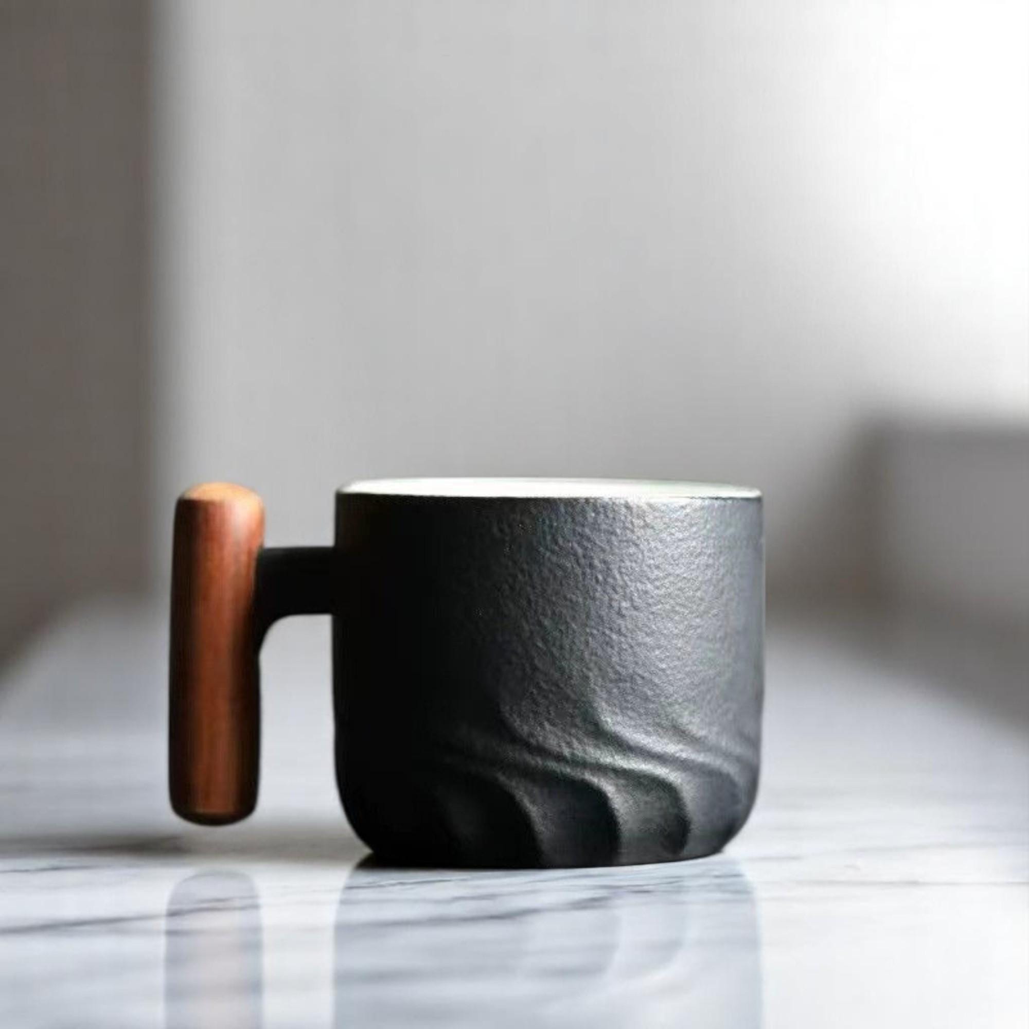 Japanese Ceramic Coffee Mug With Wooden Handle – Minimalist Handmade ...