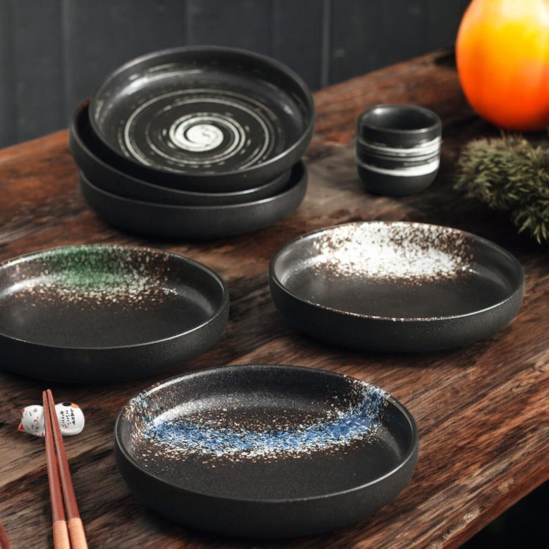 Japanese Handmade Ceramic Dinner Plates Set – Rustic Black Stoneware ...