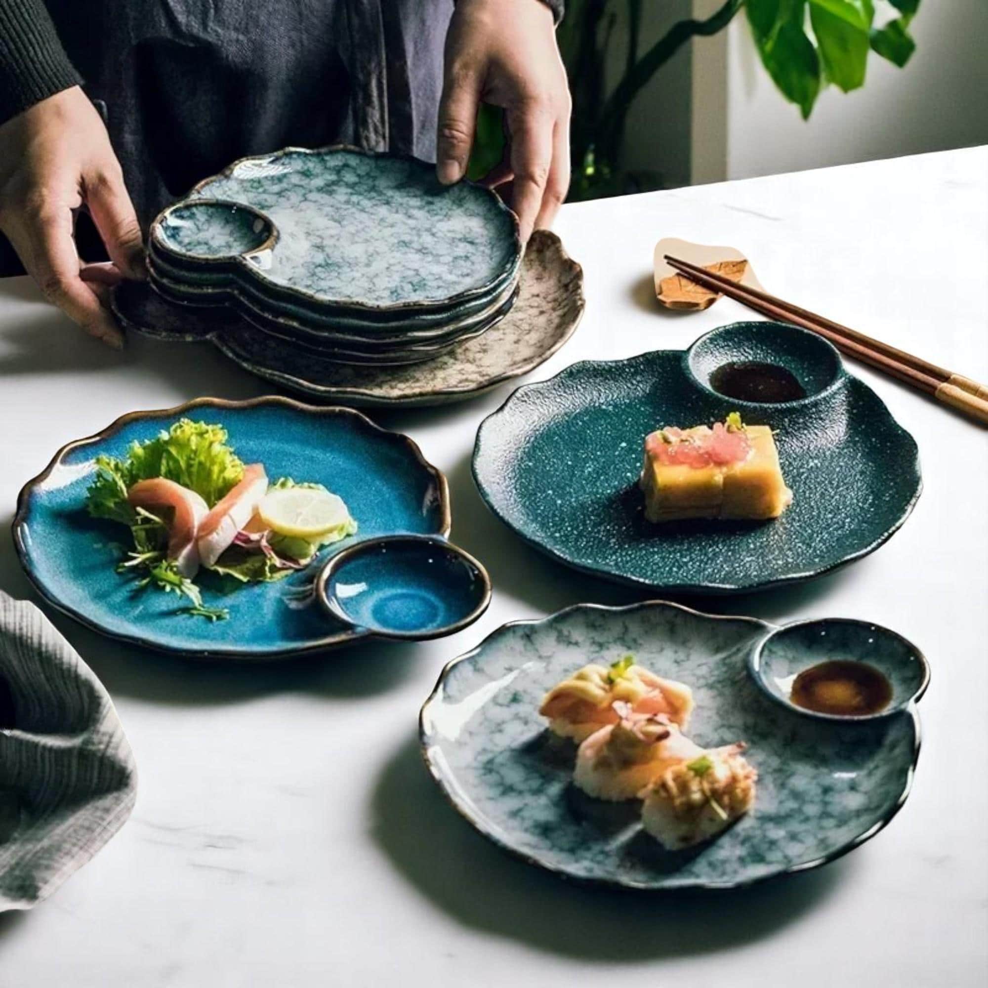 Handmade Japanese Ceramic Dinner Plates With Sauce Dish | Wabi-sabi ...
