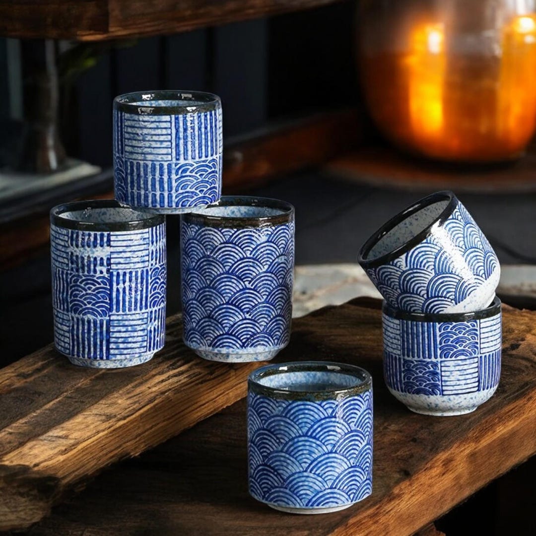 Handmade Japanese Ceramic Cups - Blue Wave Yunomi Tea Cups- Coffee Mug ...