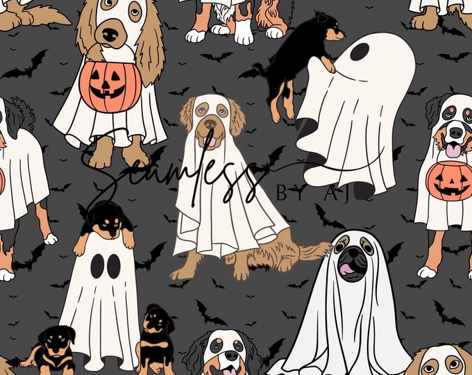 Doggy Halloween Seamless Pattern: Dog Ghosts, Sublimation Fabric ...