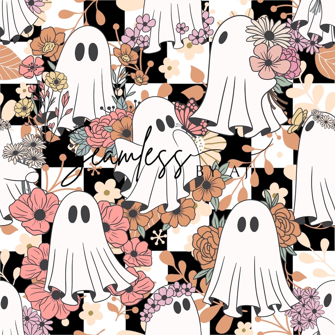 Floral Ghosts Seamless Pattern: Halloween Fabric, Checkered Background ...
