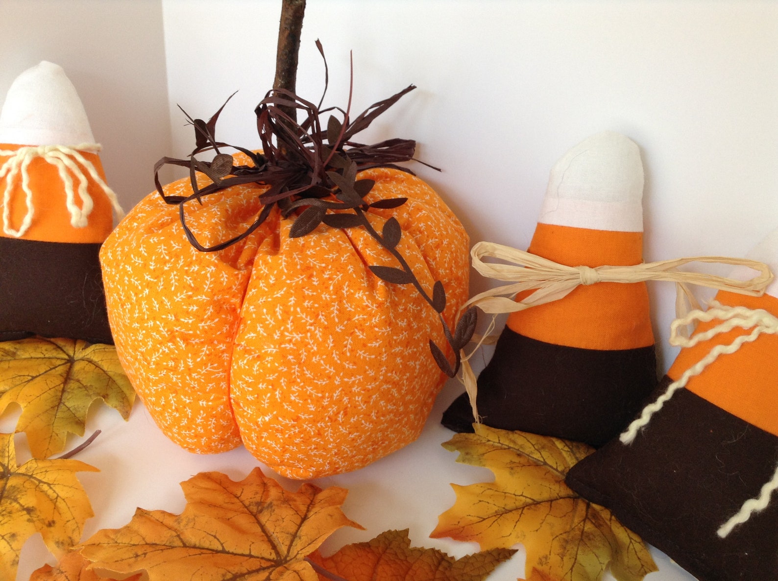 Fabric Pumpkin and Candy Corn Set Handmade Decorated Fall - Etsy
