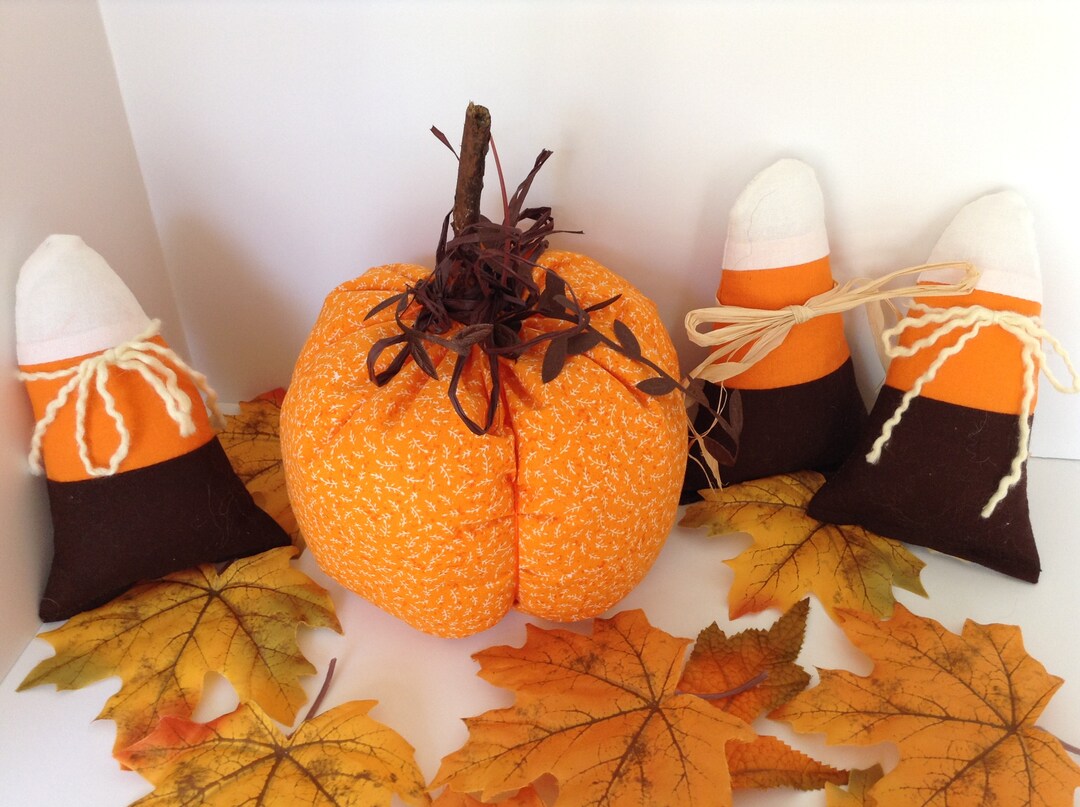 Fabric Pumpkin and Candy Corn Set, Handmade, Decorated Fall Pumpkin and ...