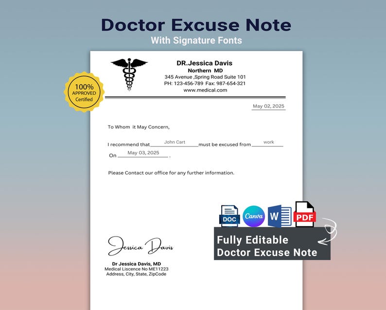 Editable Dr Note With Signature, Doctor Excuse Note, Doctor's Excuse Letter, Fake Doctors Note ...