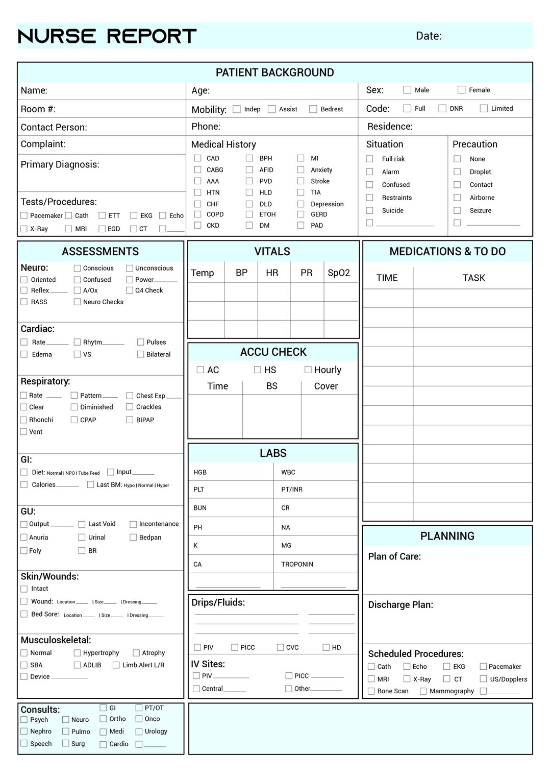 Editable Nurse Report Sheet | Printable, Digital | Nurse Brain Sheet, Single Patient Reporting ...