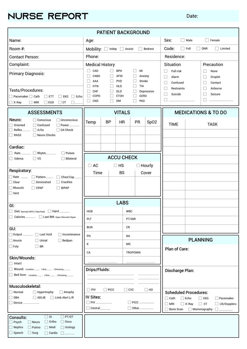 Editable Nurse Report Sheet | Printable, Digital | Nurse Brain Sheet ...
