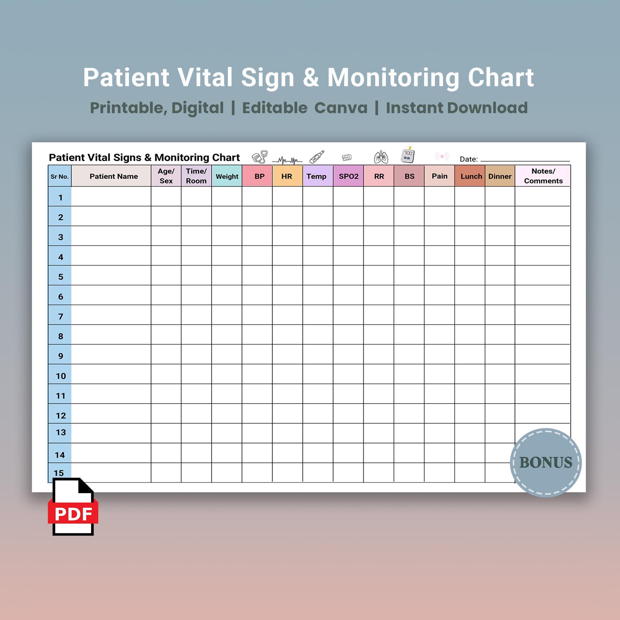 Comprehensive Vital Signs Tracker | Editable Vital Signs Log | Patient ...