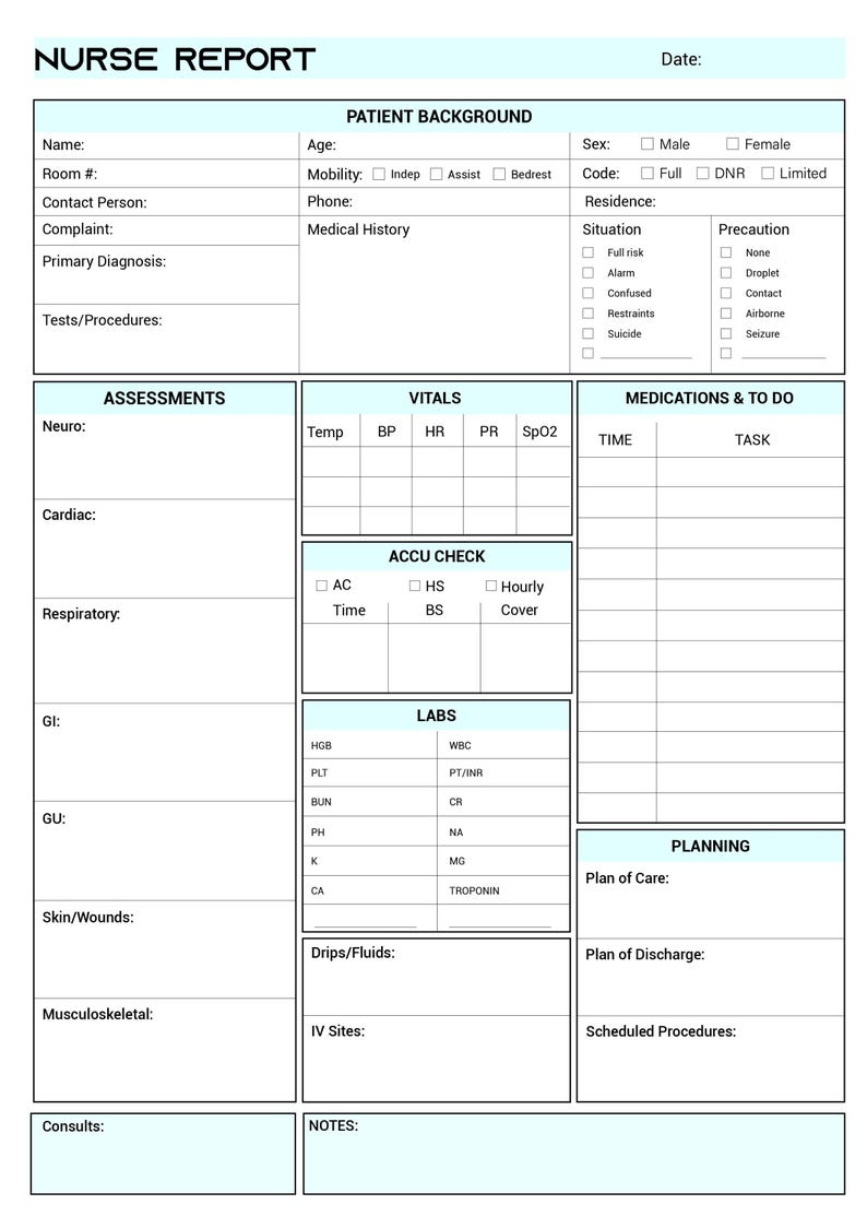 Editable Nurse Report Sheet | Printable, Digital | Nurse Brain Sheet ...