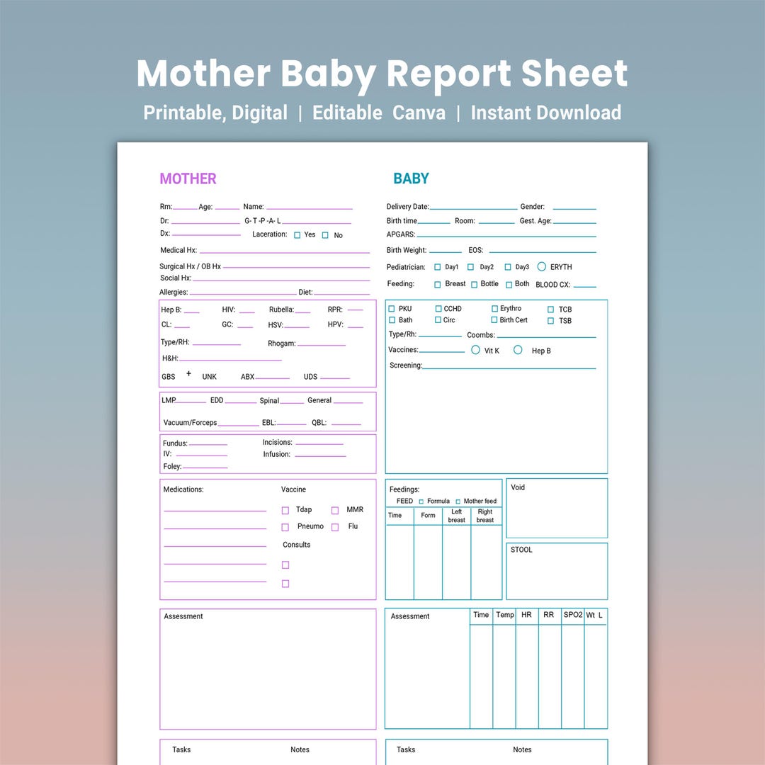 Editable Mother Baby Nurse Report Sheet Newborn Mom | Postpartum ...
