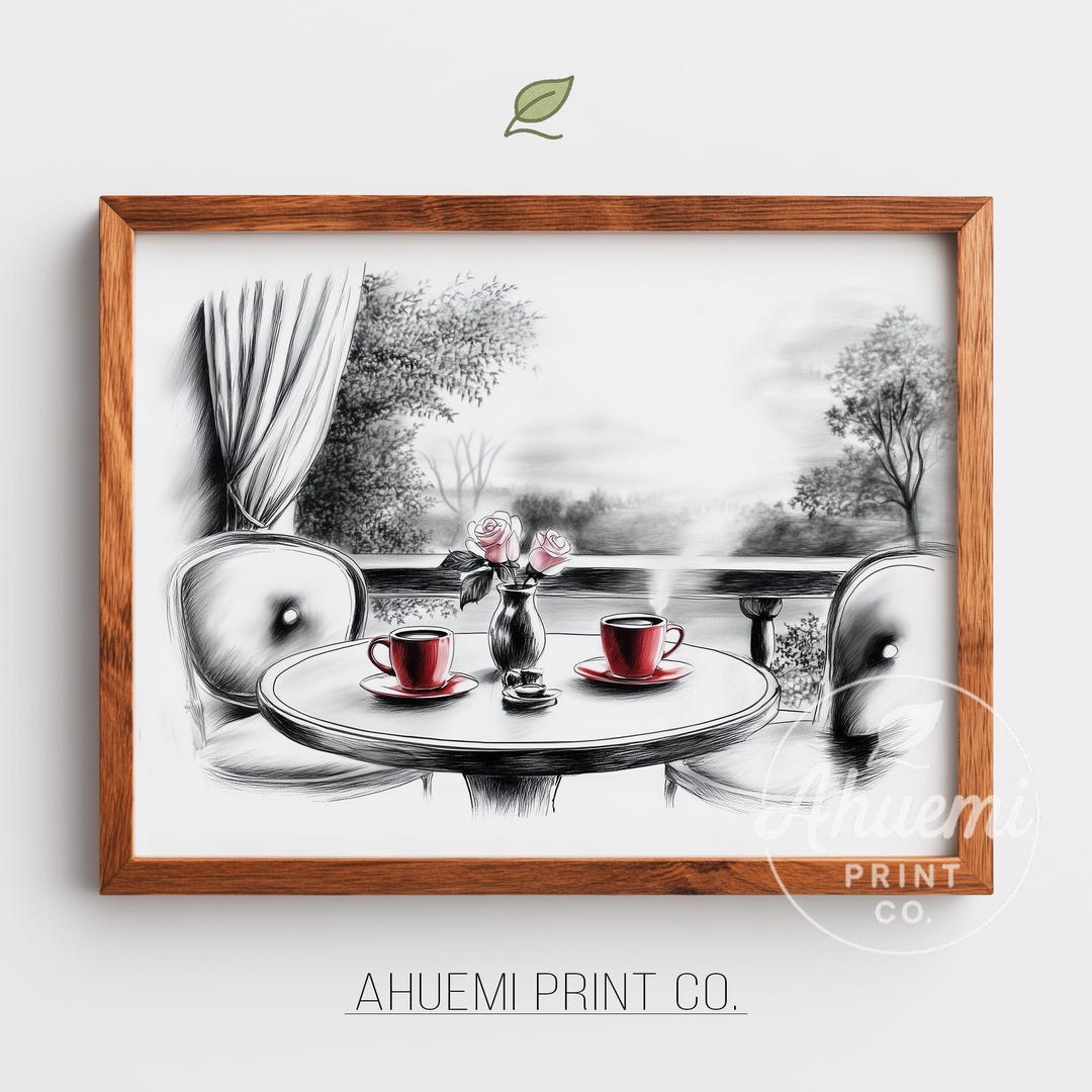 Cozy Café Table for Two Printable Art - Vintage Black and White Sketch ...