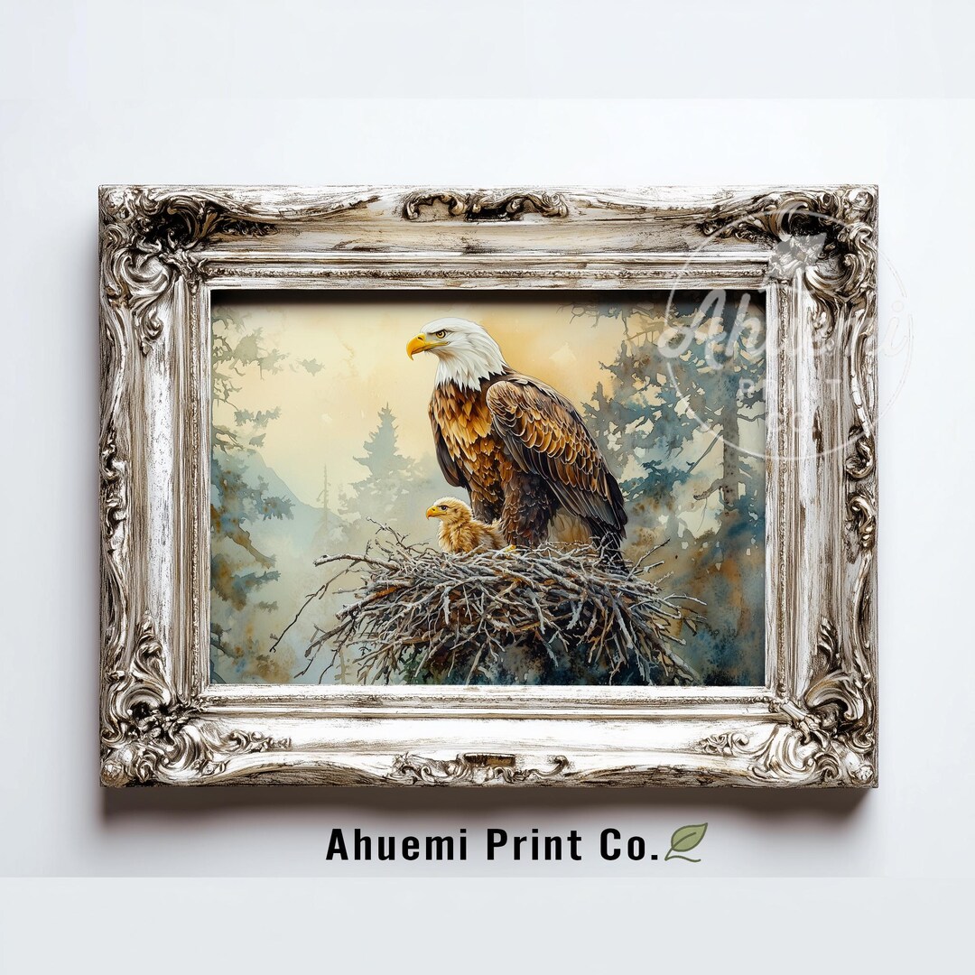 Bald Eagle & Eaglet Print – Rustic Forest Wildlife Art (digital ...