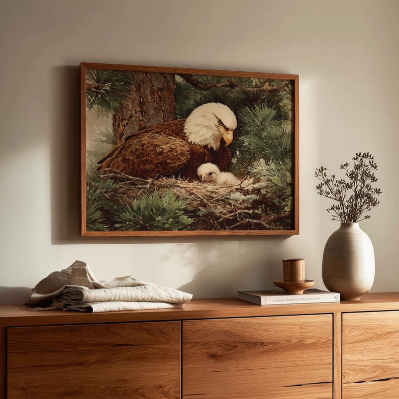 Bald Eagle & Eaglet Rustic Painting - Wildlife Art Print (digital ...
