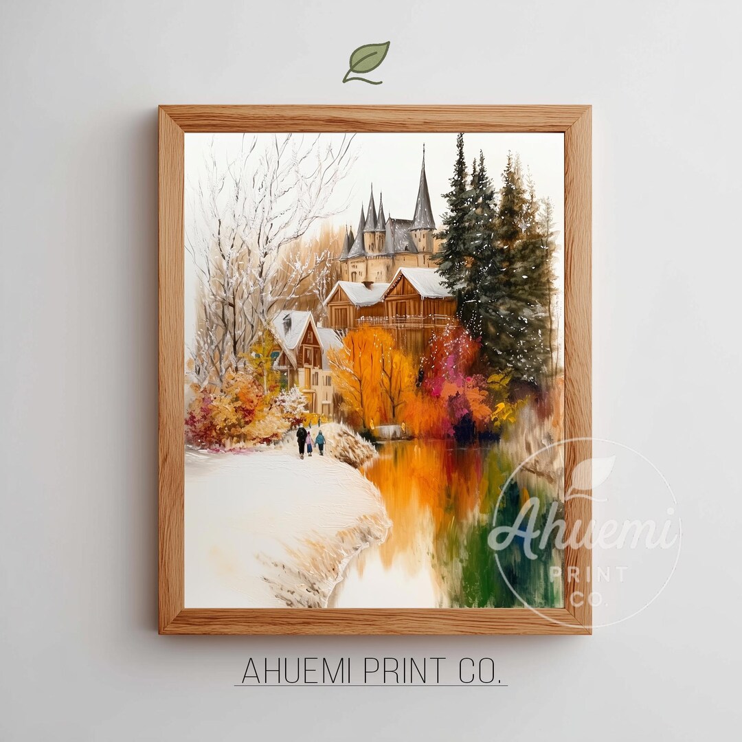 Rustic Winter Village Landscape - Cozy Skaters on Snowy Riverbank ...