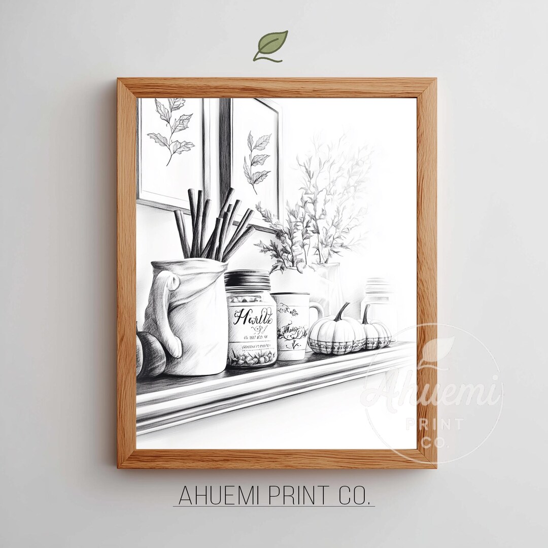 Rustic Kitchen Still Life Art Print – Mugs and Jars Illustration ...