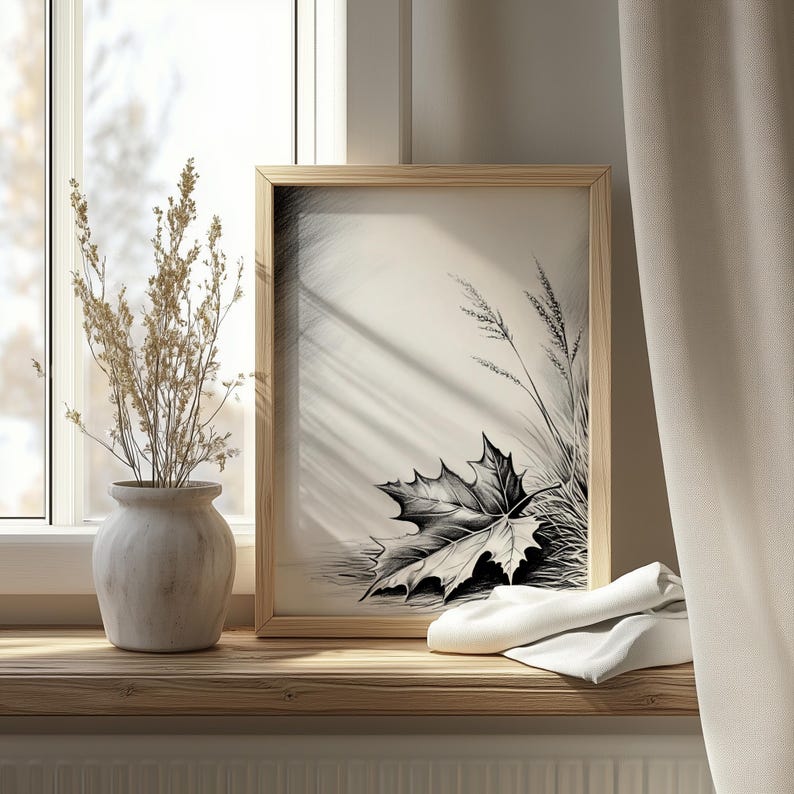 Moody Printable Maple Leaf Artwork - Minimalist Botanical Wall Art ...