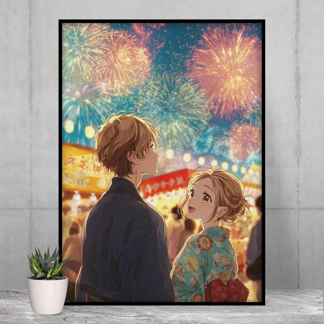Honeyworks Miou and Haruki Art Print, Anime Couple at Summer Festival ...