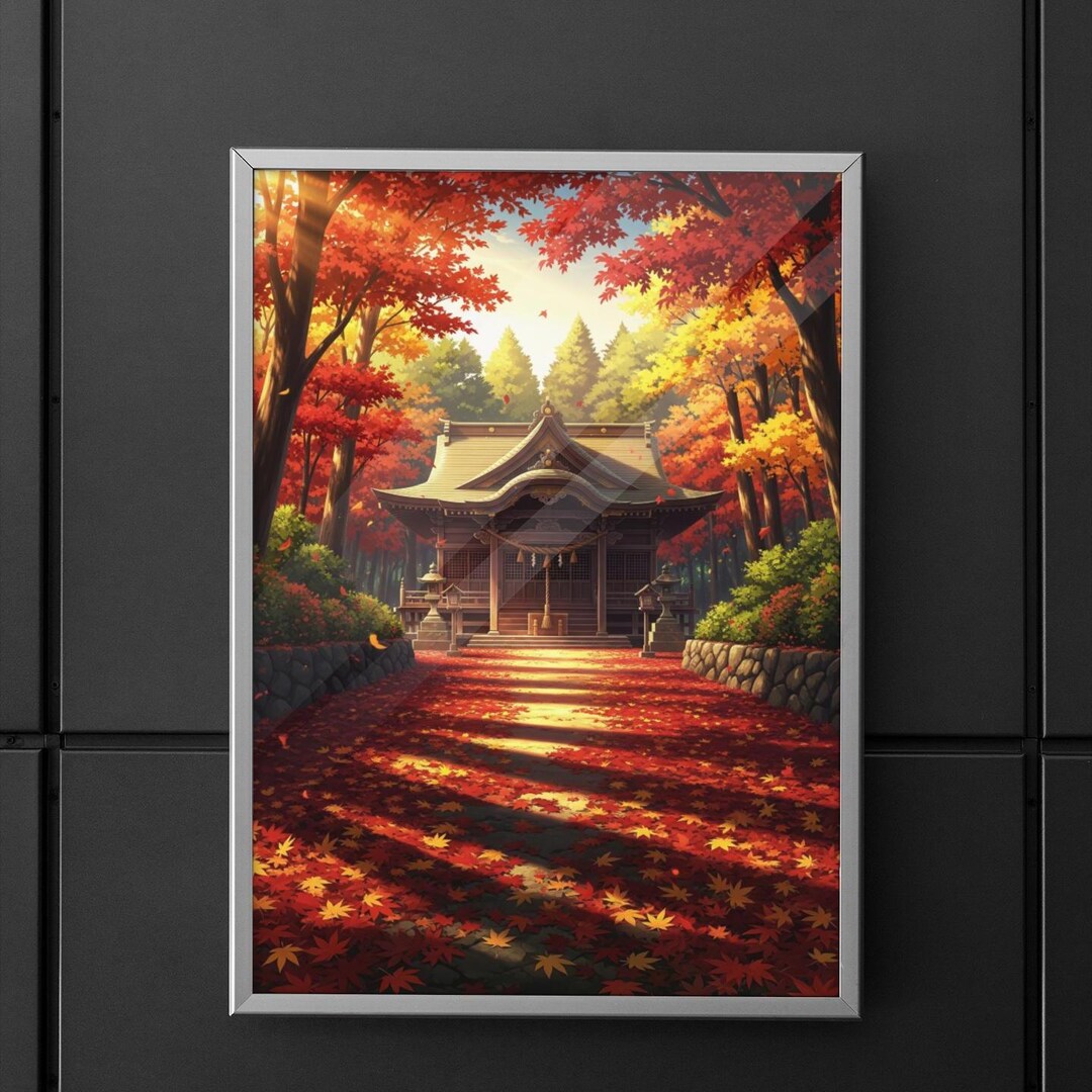 Shinto Shrine in Autumn Poster, Japanese Anime Wall Art, Maple Forest ...