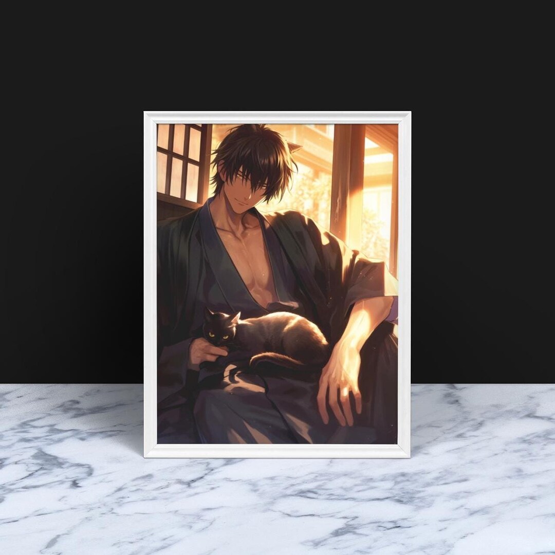 Anime Catboy With Black Cat Poster – Cozy Sunset Kimono Art Print ...