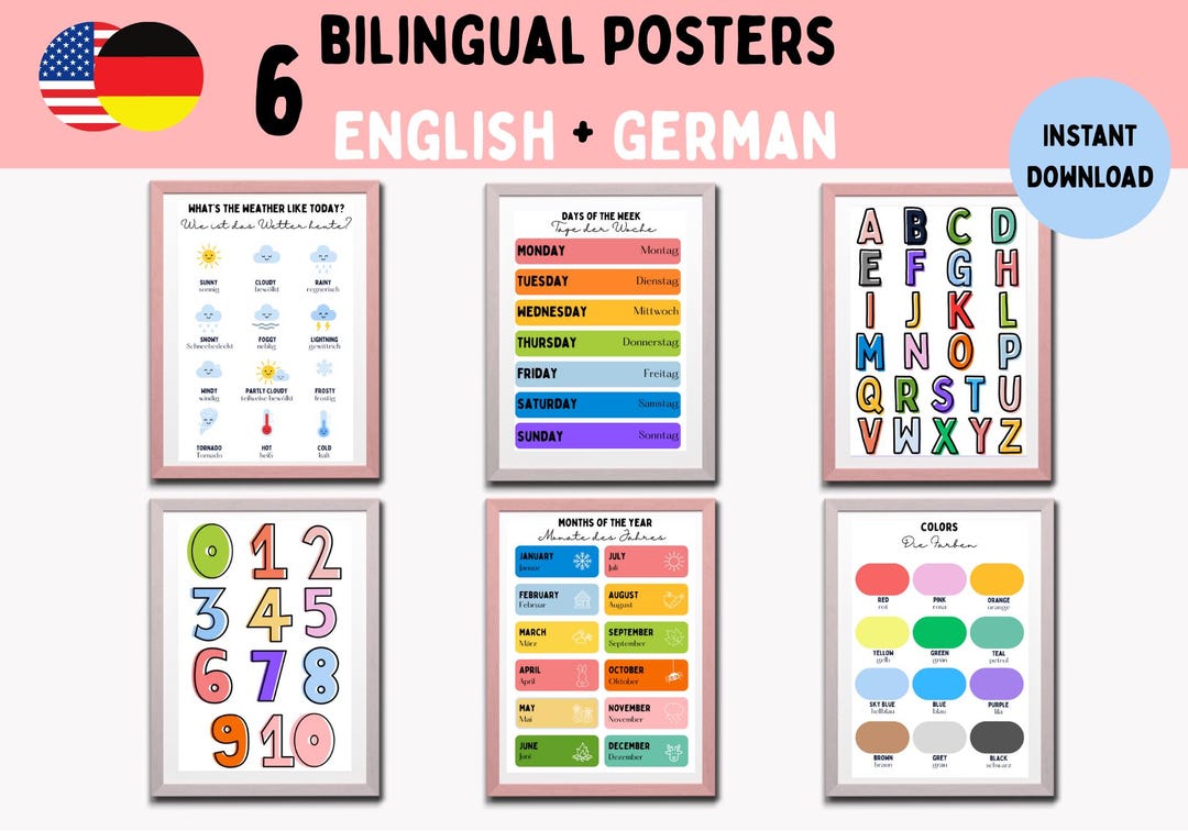 6 German-english Educational Posters for Kids, Bilingual Learning ...