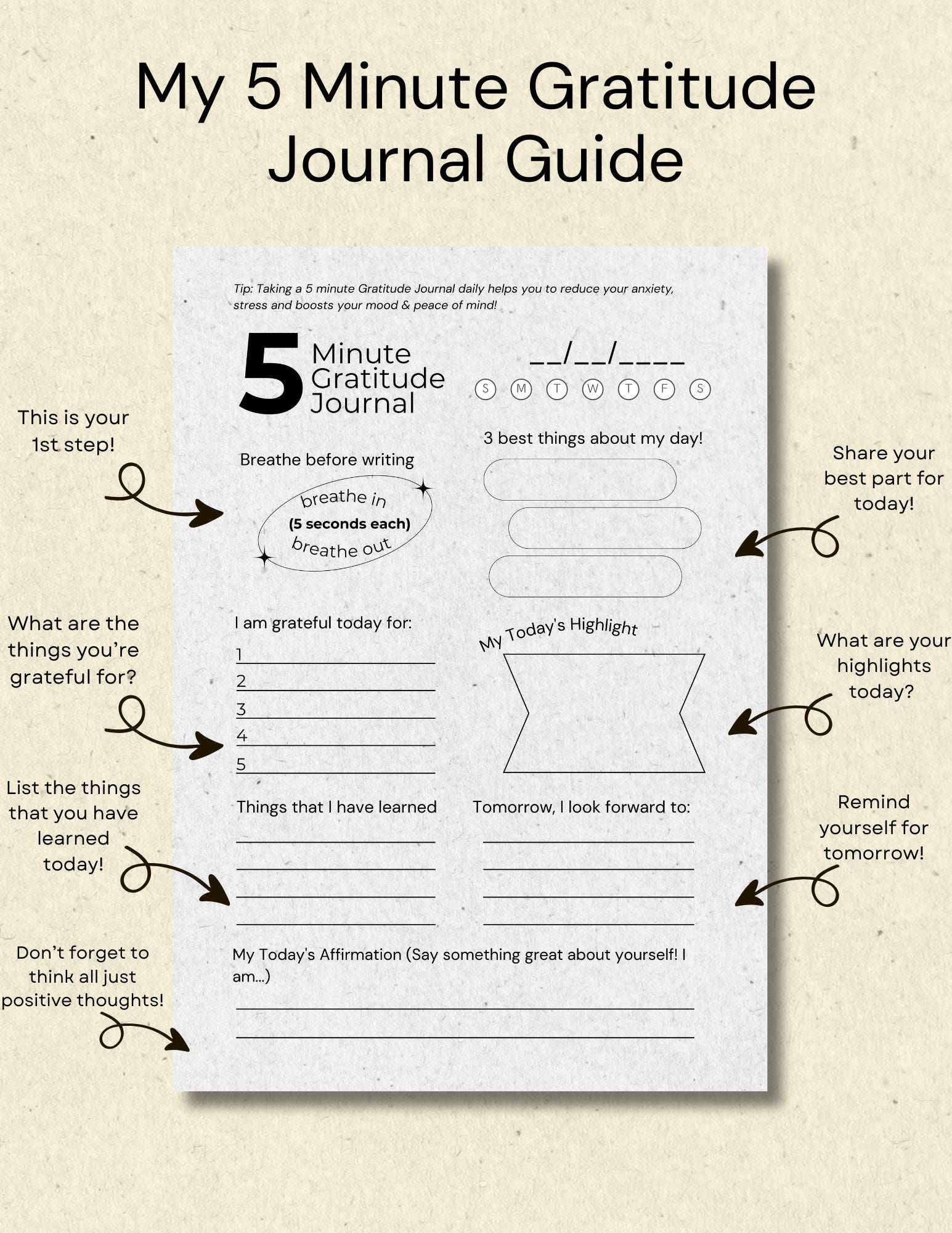 Printable 5-minute Gratitude Journal, Daily Gratitude Journal ...