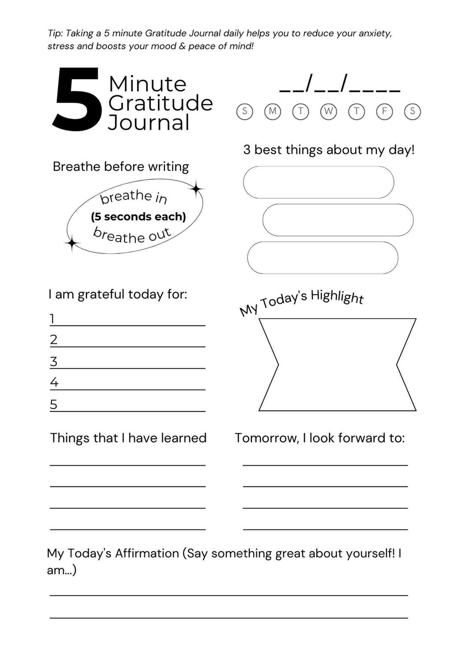 Printable 5-minute Gratitude Journal, Daily Gratitude Journal ...