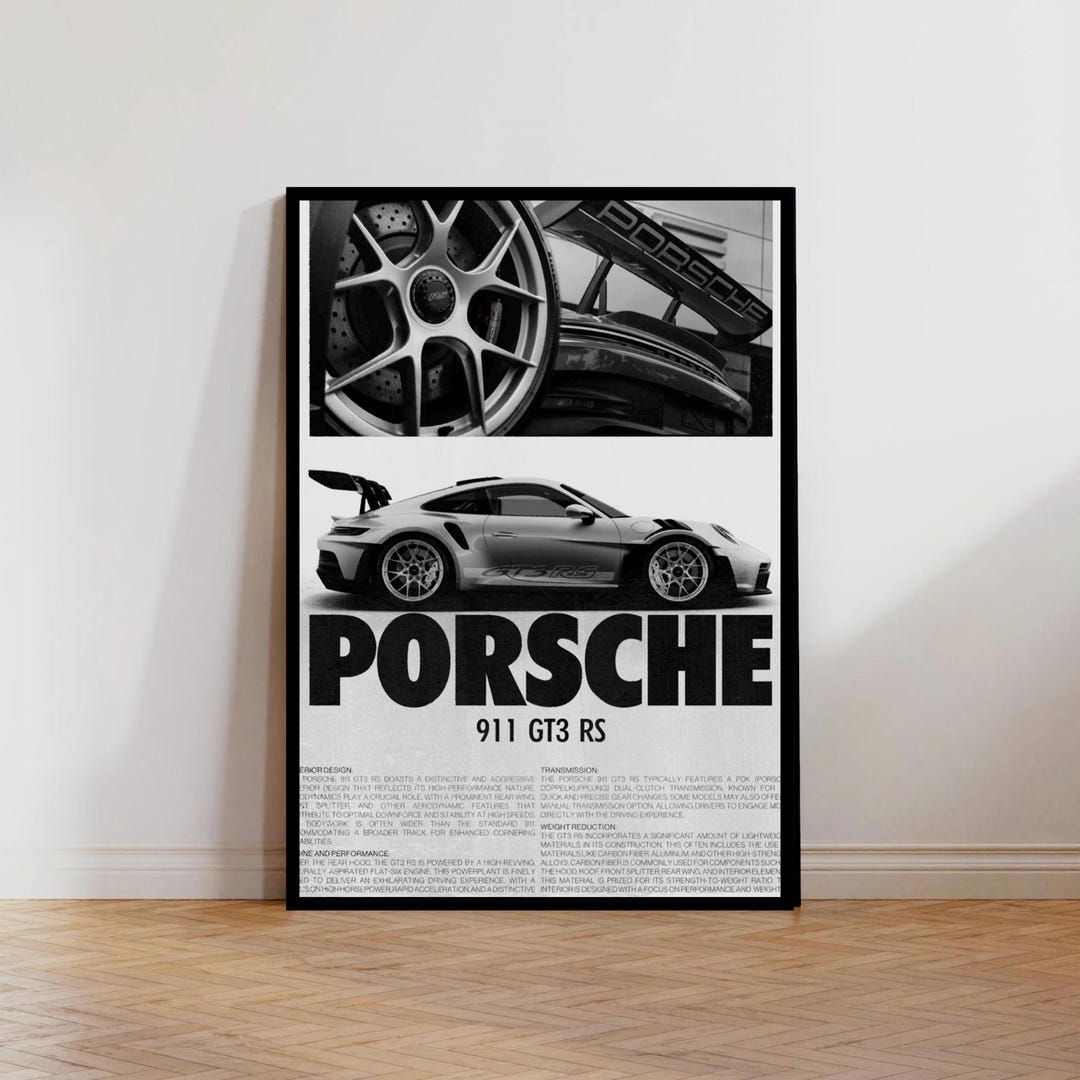 Porsche 911 GT3 RS Poster - Black & White Sports Car Wall Art, Modern ...
