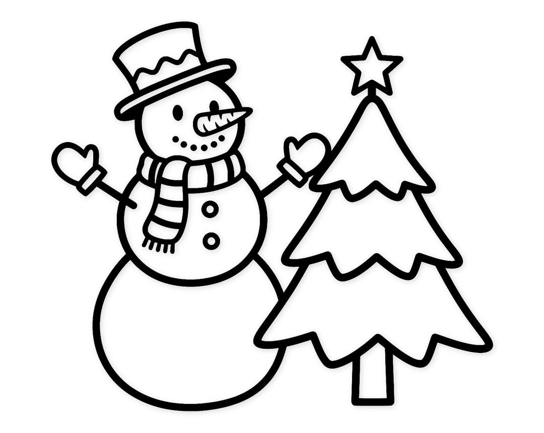 Snowman With Tree Svg Png: Bold Outline Design for Holiday Crafting - Etsy