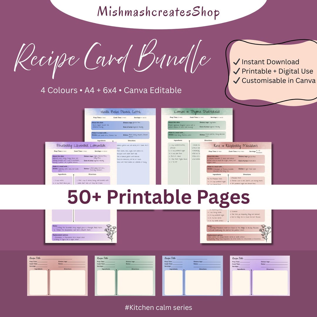 Printable Recipe Card Bundle: Pastel Kitchen Binder Kit (canva Template ...