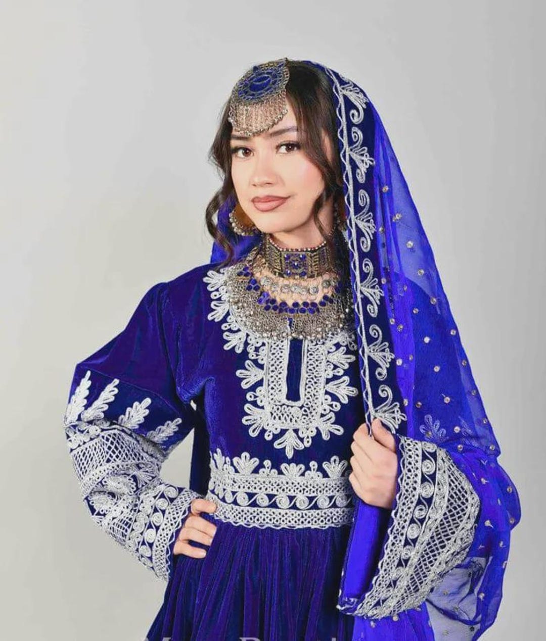 Royal Blue Velvet Embroidered Afghan Dress | Traditional Ethnic Party ...