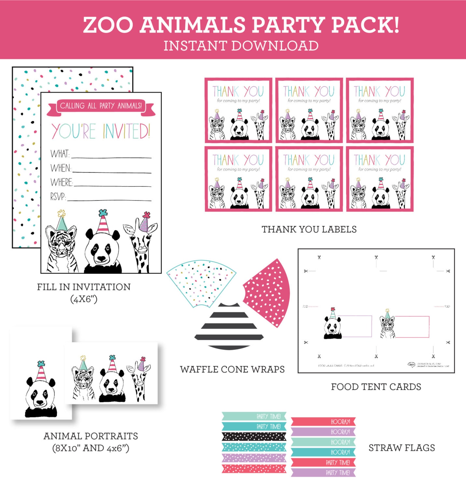 PARTY PACK - ZOO Party Animals Birthday Party Girls Polka Dot - Instant ...