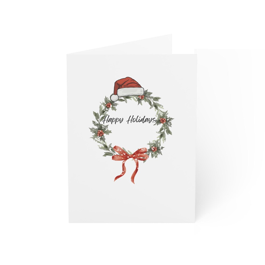 Holiday Wreath With Santa Hat Cards | Christmas Greeting Cards - Etsy