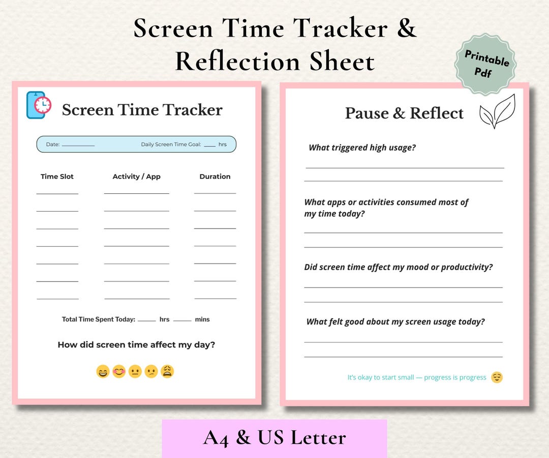 Printable Screen Time Tracker and Reflection Log | Digital Habit Chart ...