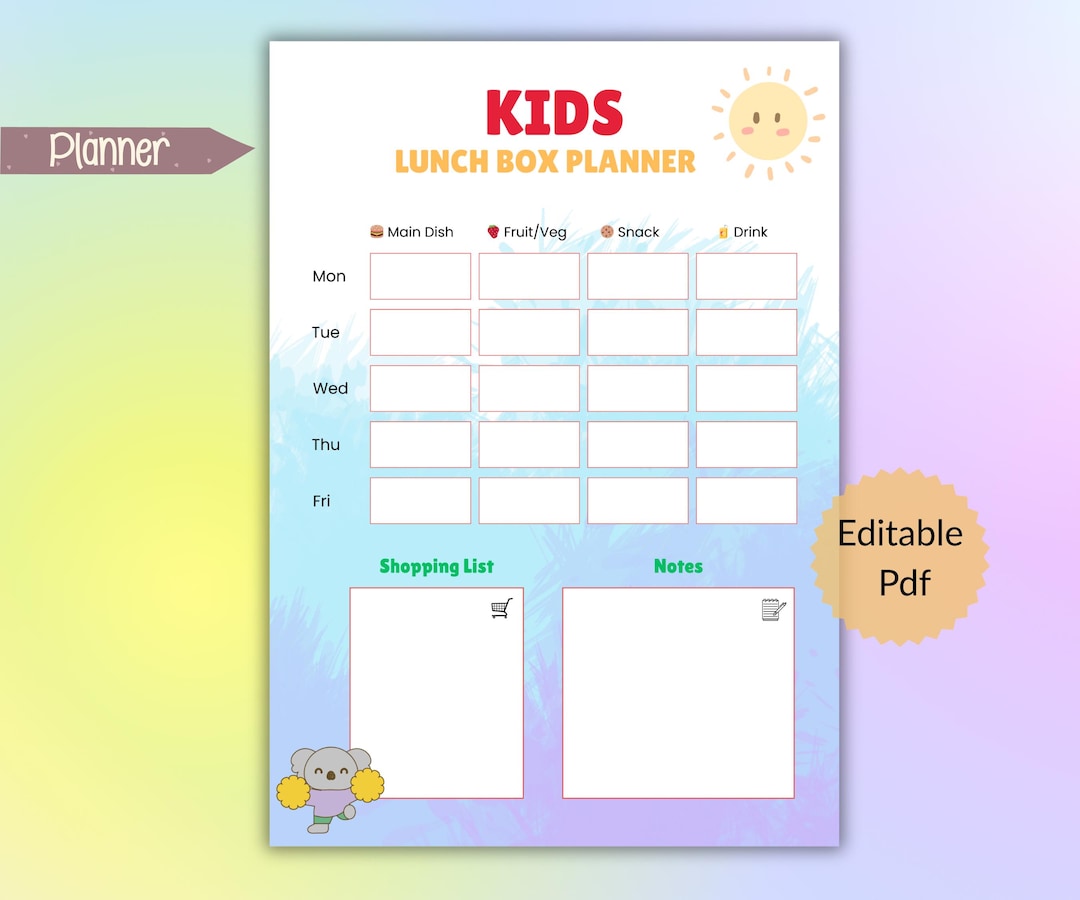 Editable Kids Lunch Box Planner Printable, Weekly Lunch Menu for School ...